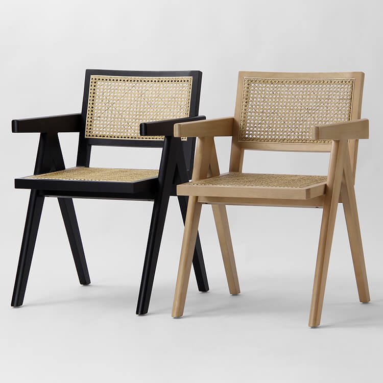 Black Natural Rattan Wooden Dining Chairs With Arms | Edgewood